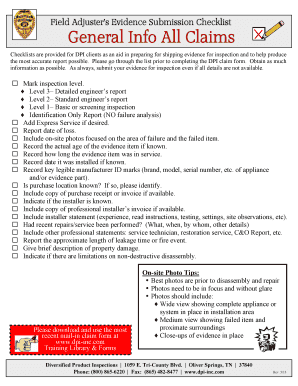 Fillable Online Field Adjusters Evidence Submission Checklist General ...