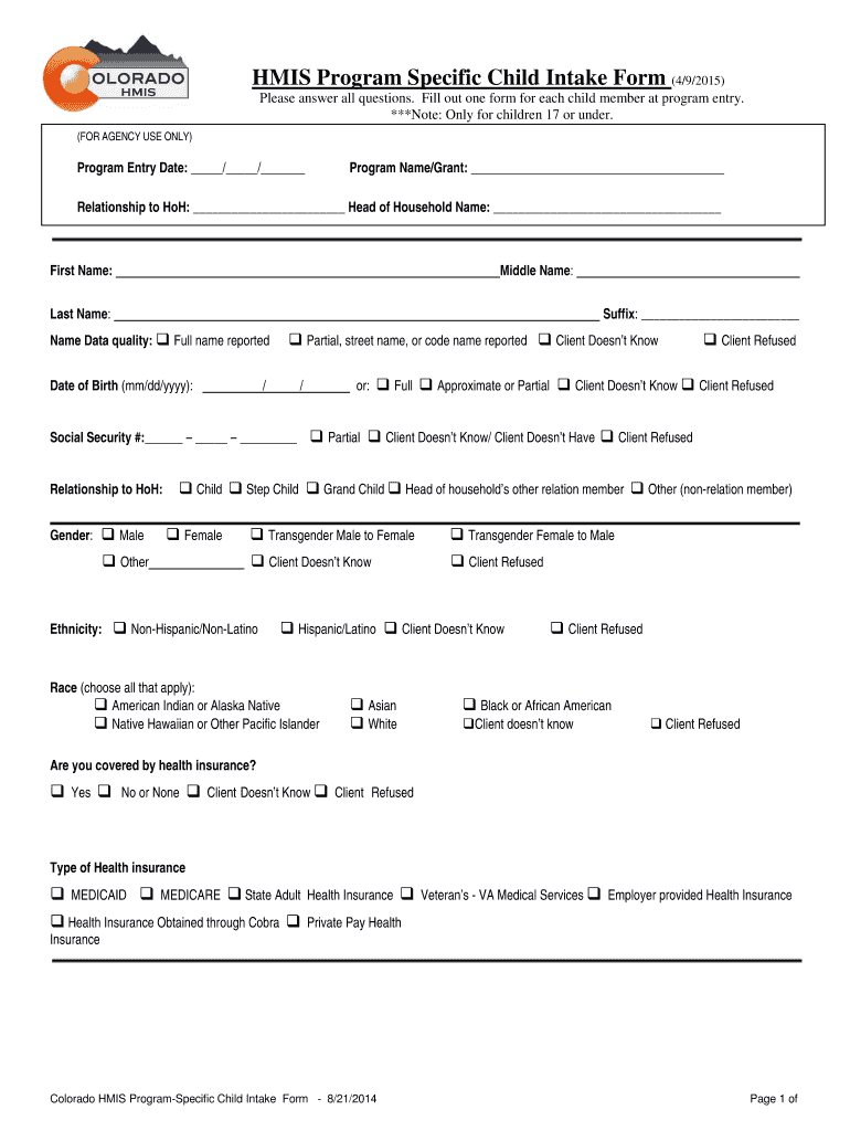Fillable Online coloradocoalition HMIS Program Specific Child Intake ...