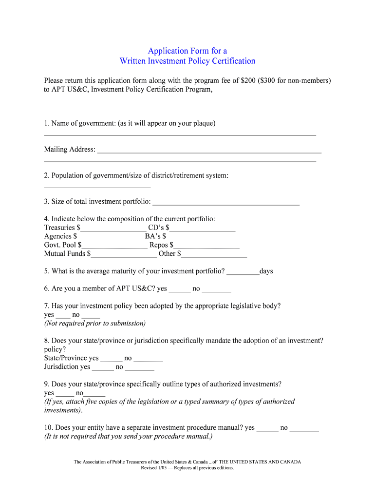 Fillable Online aptusc APT USampC Investment Policy Certification ...