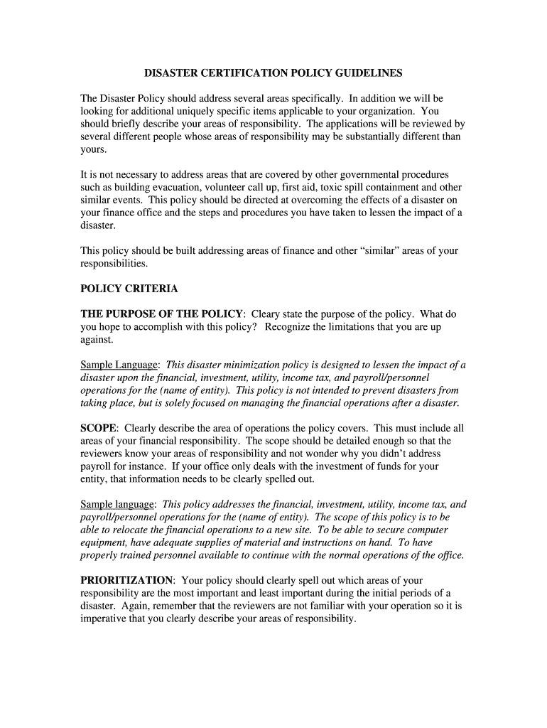 Fillable Online DISASTER CERTIFICATION POLICY GUIDELINES Fax Email ...