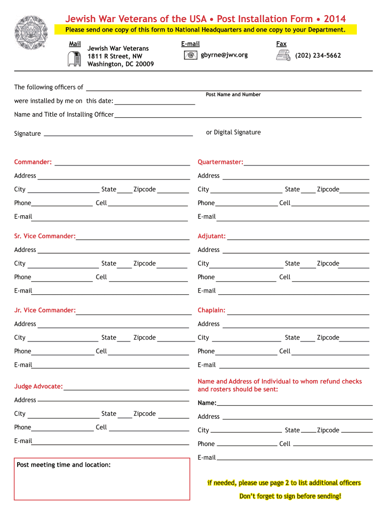 Fillable Online Jewish War Veterans of the USA Post Installation Form ...