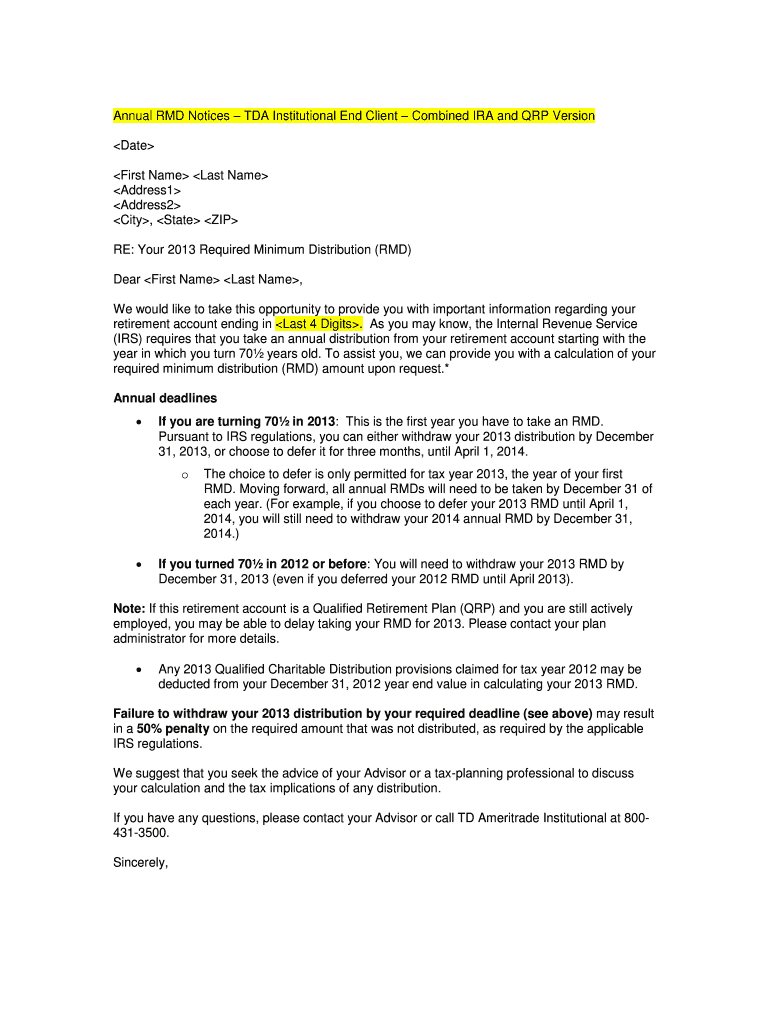 Fillable Online Annual RMD Notices TDA Retail turning 70 Fax Email ...
