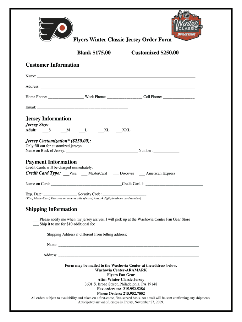 Fillable Online Flyers Winter Classic Jersey Order bFormb Blank 17500 ...
