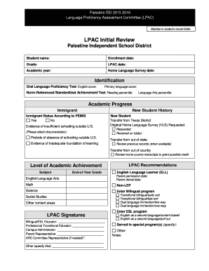 Fillable Online palestineschools LPAC Initial Review Palestine ...