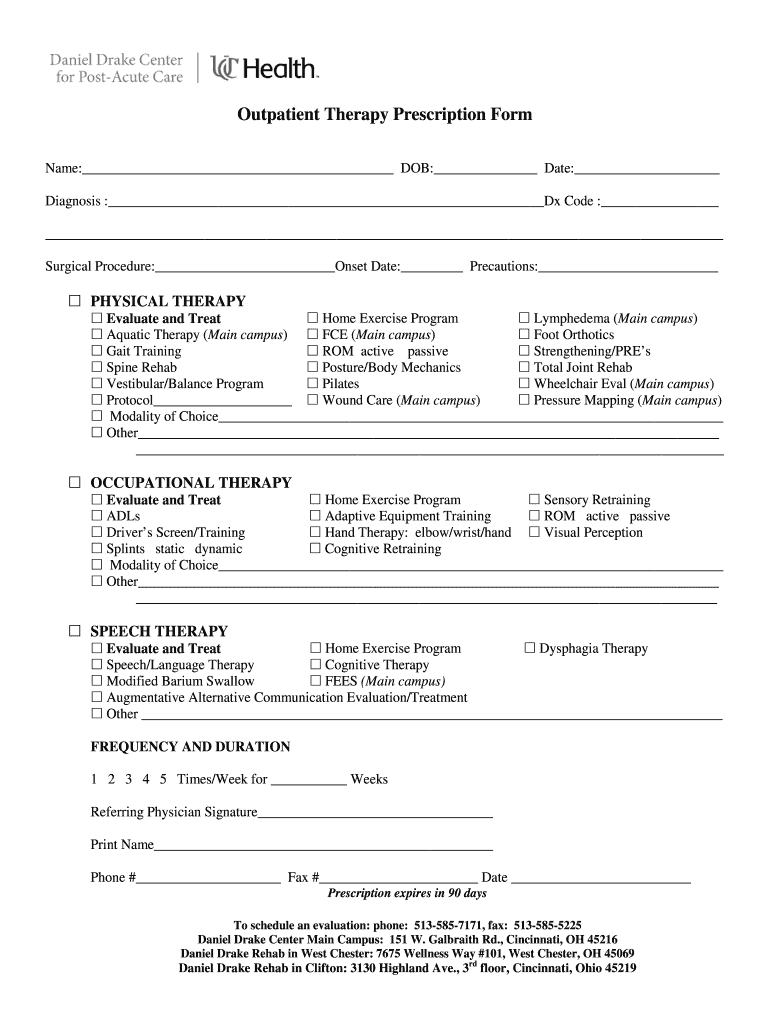 Fillable Online Outpatient Therapy Prescription Form - UC Health Fax ...