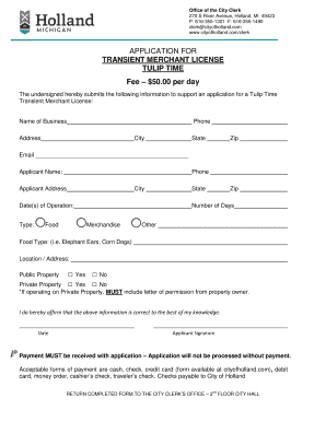 Fillable Online APPLICATION FOR TRANSIENT MERCHANT LICENSE TULIP TIME ...