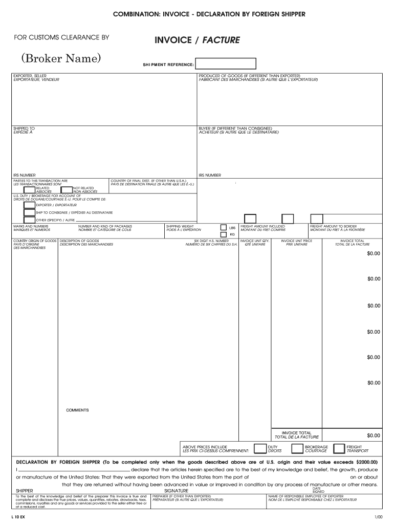 Fillable Online COMBINATION: INVOICE DECLARATION BY FOREIGN SHIPPER ...