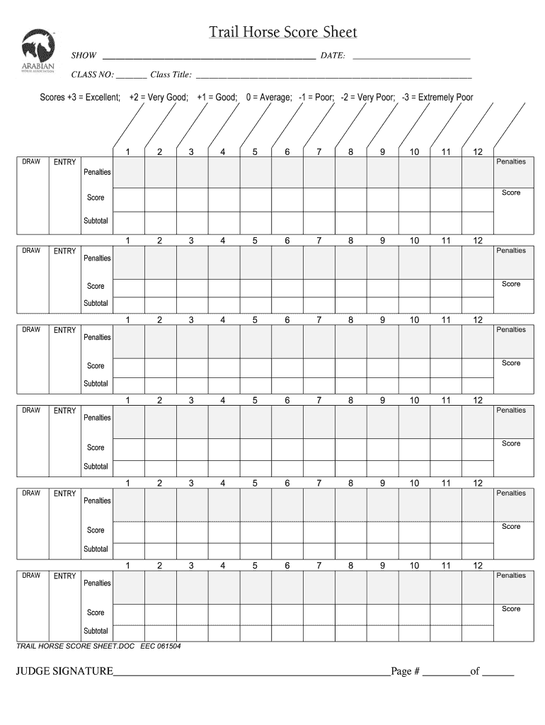 Fillable Online Trail Horse Score Sheet - arabianhorses.org Fax Email ...