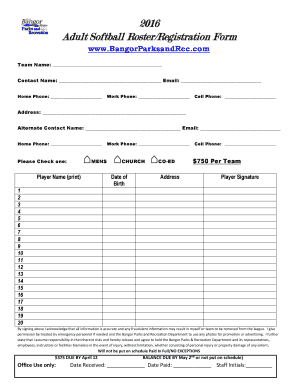 Fillable Online 2016 Adult Softball Roster/Registration Form www Fax ...