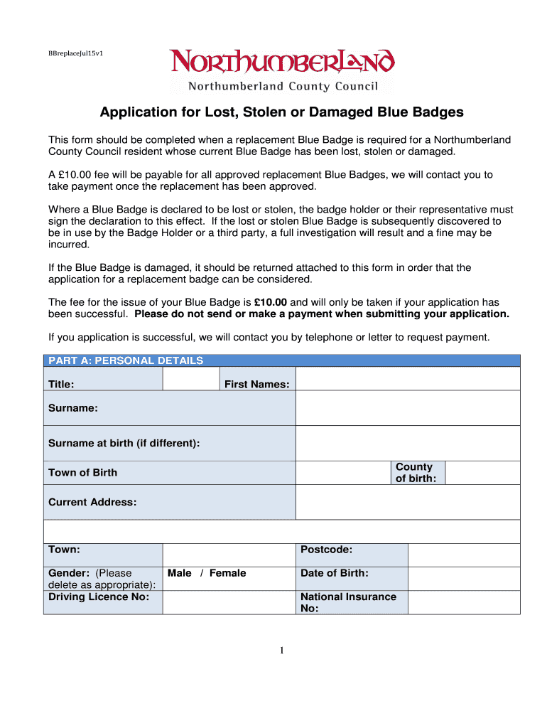 Fillable Online Application for Lost Stolen or Damaged Blue Badges Fax ...