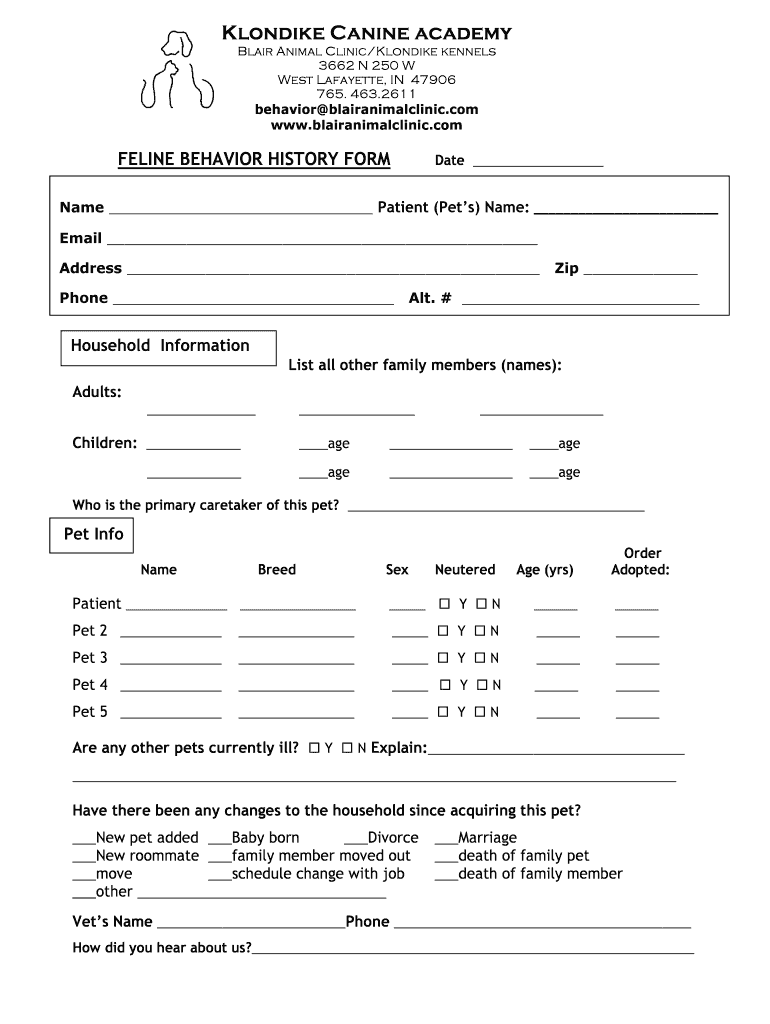 Fillable Online Print feline forms - Blair Animal Clinic Fax Email ...