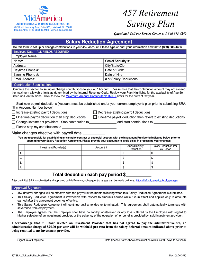 Fillable Online 457 Retirement Savings Plan - spokeskidscom Fax Email ...