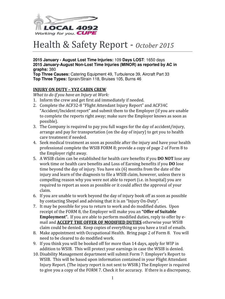 Fillable Online 2015 January - August Lost Time Injuries: 109 Days LOST ...