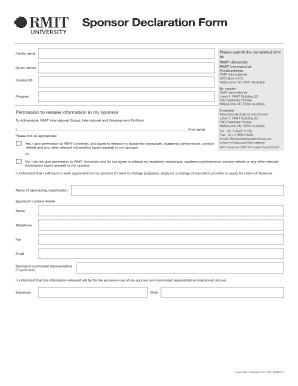 Fillable Online Sponsor Declaration Form - RMIT University Fax Email ...
