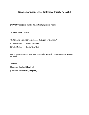 Fillable Online Sample Consumer Letter to Remove Dispute Remarks Fax ...