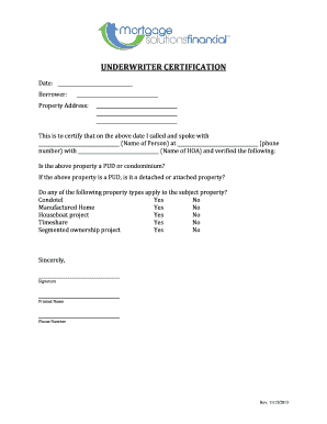 Fillable Online UNDERWRITER CERTIFICATION - msofcoinfo Fax Email Print - pdfFiller