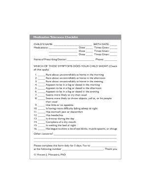 Fillable Online Medication Tolerance Checklist Fax Email Print - pdfFiller
