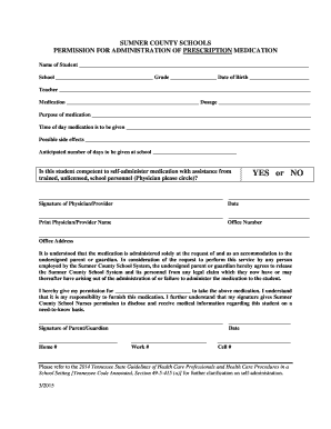 Fillable Online PERMISSION FOR ADMINISTRATION OF PRESCRIPTION ...