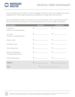 Fillable Online MONTHLY DEBT WORKSHEET - Mortgage Master Fax Email ...