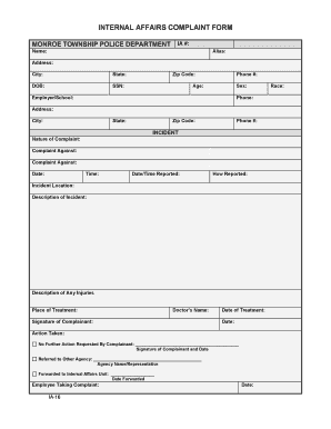 Fillable Online monroetownshipnj INTERNAL AFFAIRS COMPLAINT FORM - monroetownshipnjorg Fax Email ...