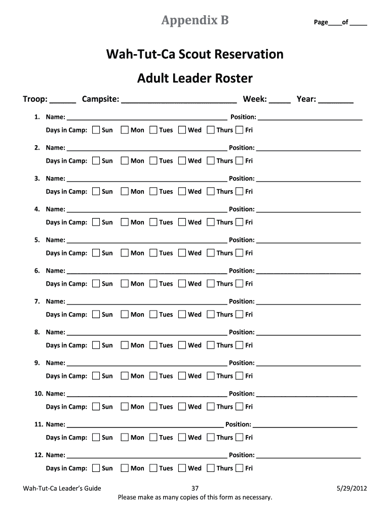 Fillable Online WahTutCa Scout Reservation Adult Leader Roster Fax ...