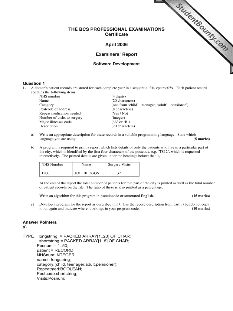 Fillable Online THE BCS PROFESSIONAL EXAMINATIONS bCertificateb April ...