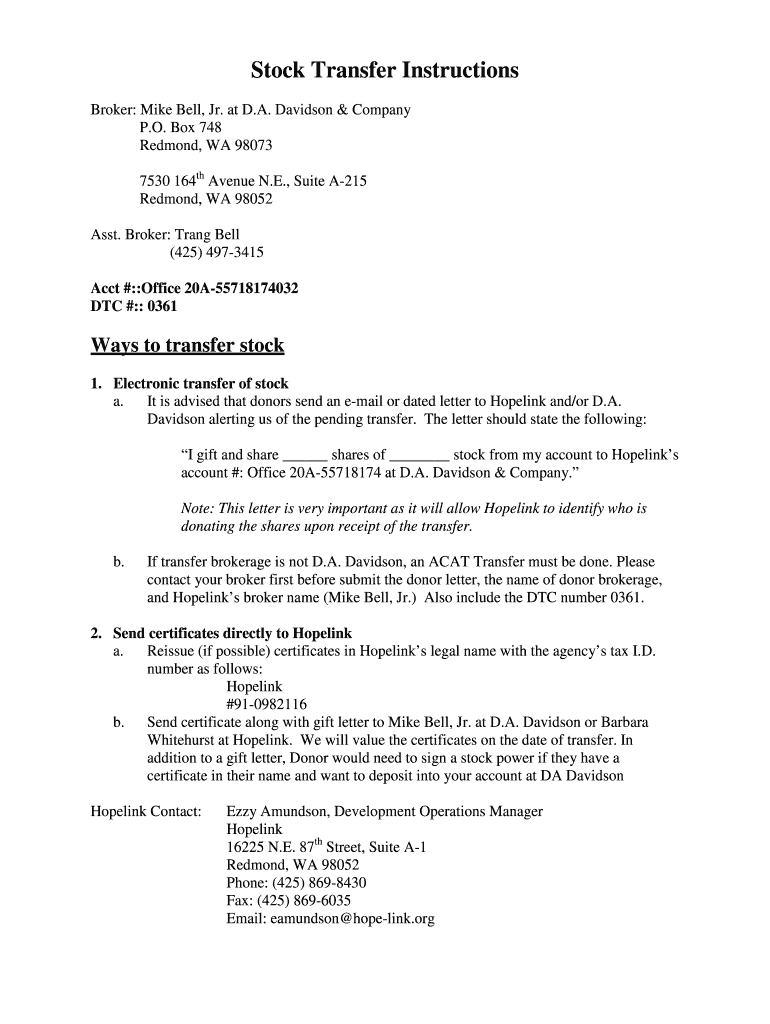 Fillable Online Stock Transfer Instructions - Hopelink Fax Email Print ...