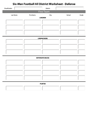 Fillable Online Six-Man Football All District Worksheet - Defense Fax ...