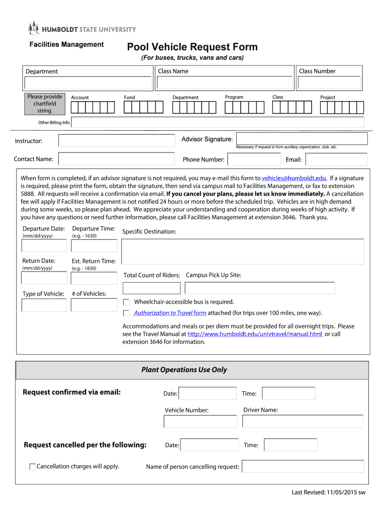 Fillable Online Facilities Management Pool Vehicle Request Form (For ...