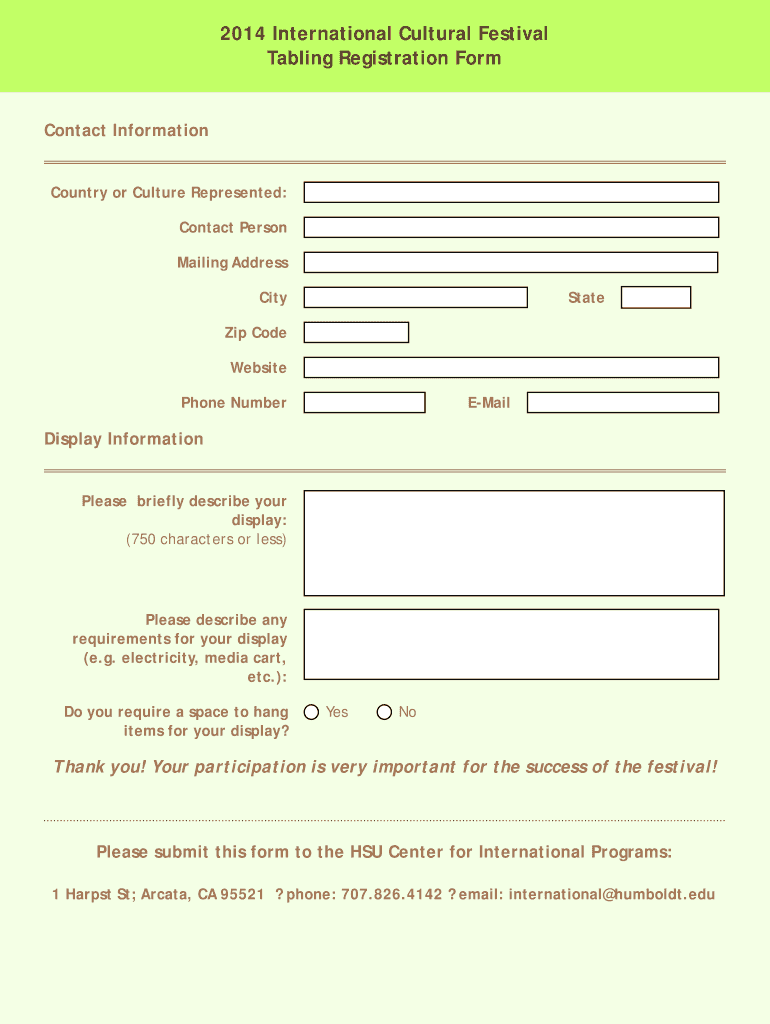 Fillable Online B2014b International Cultural Festival Tabling ...
