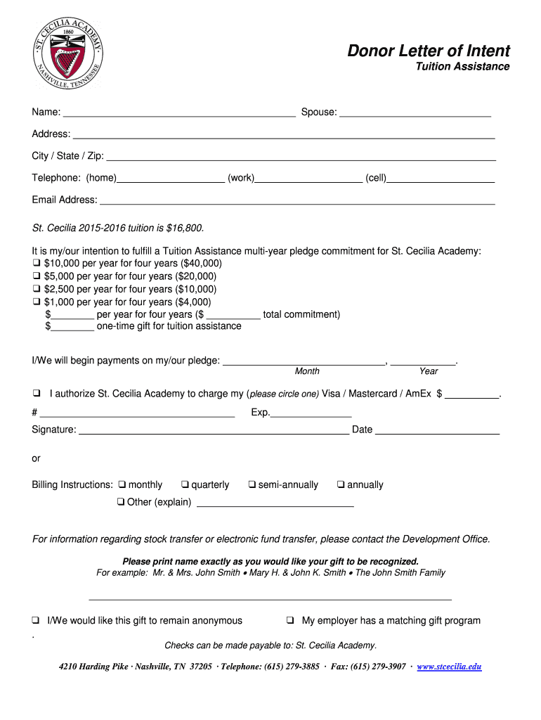 Fillable Online stcecilia Donor Letter of Intent - stceciliaedu Fax ...