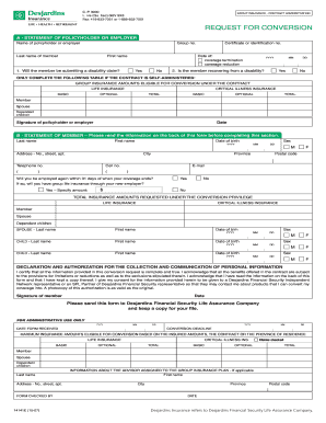 Fillable Online REQUEST FOR CONVERSION - Desjardins Life Insurance Fax ...