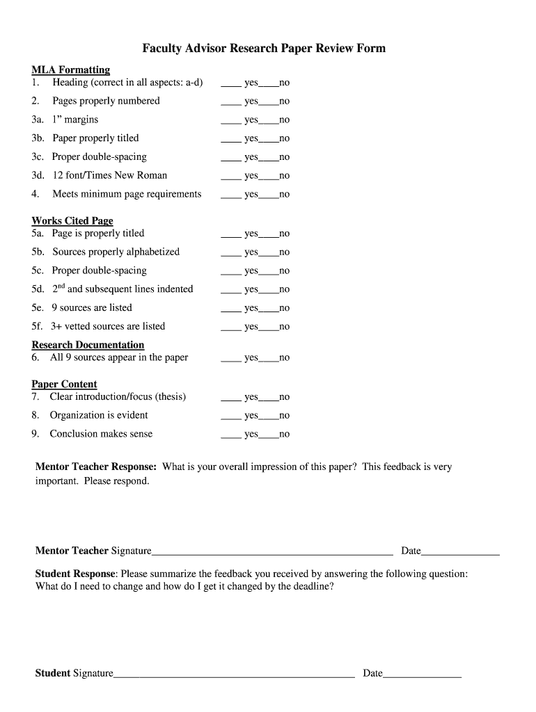 Fillable Online Faculty Advisor Research Paper Review Form Fax Email ...