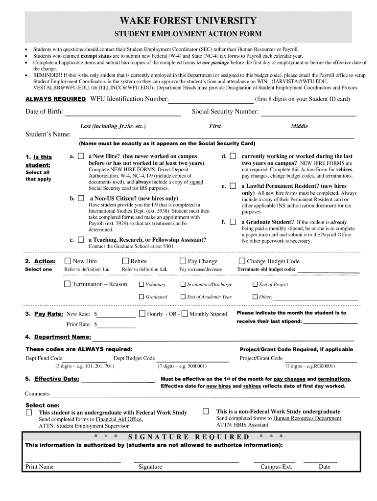 Fillable Online giving wfu STUDENT EMPLOYMENT ACTION FORM - Wake Forest University Fax Email ...