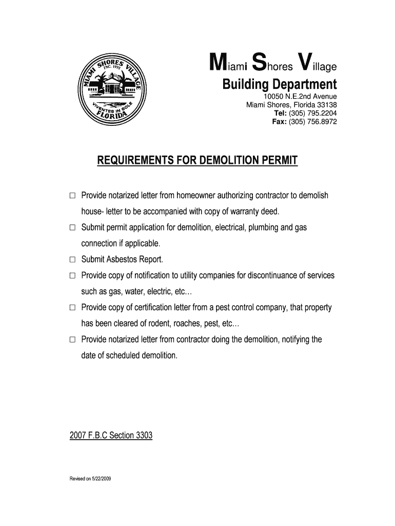Fillable Online REQUIREMENTS FOR DEMO PERMIT - Miami Shores Village Fax ...