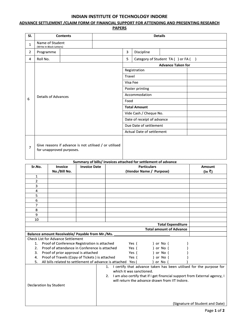 Fillable Online iiti ac ADVANCE SETTLEMENT CLAIM FORM OF FINANCIAL ...