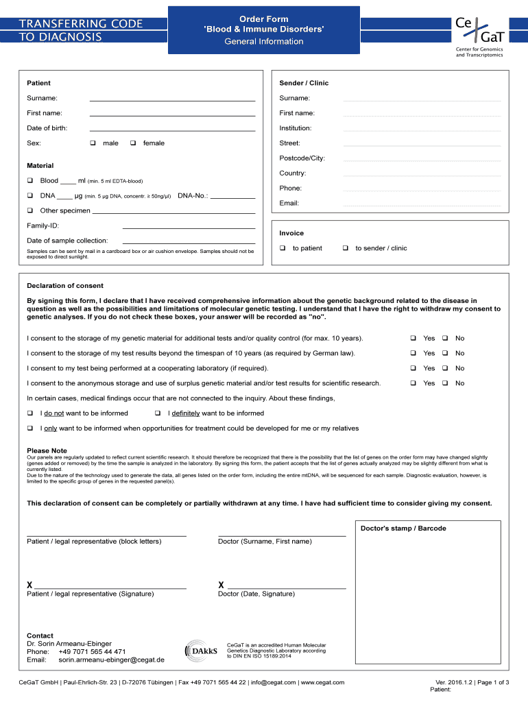 Fillable Online Order Form Blood amp Immune Disorders General ...