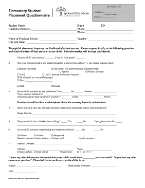 Fillable Online Elementary Student Placement Questionnairedoc Fax Email ...