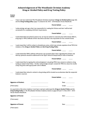 Fillable Online Acknowledgement of the Drug or Alcohol Policy and Drug ...