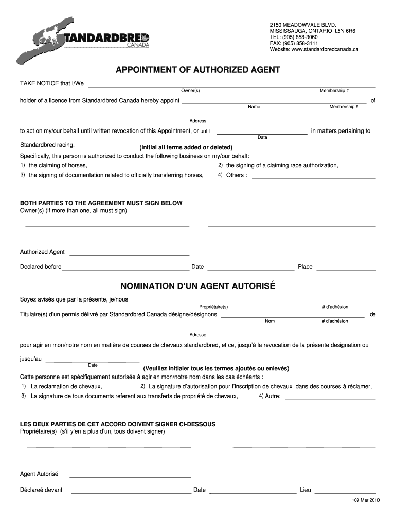 Fillable Online APPOINTMENT OF AUTHORIZED AGENT - Standardbred Canada ...