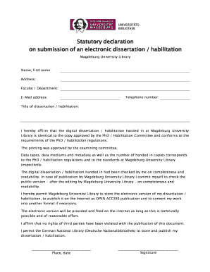 Fillable Online ub ovgu Statutory declaration on submission of an ...