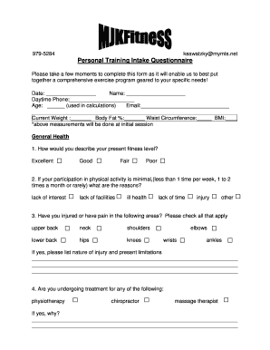 Fillable Online Personal Training Intake Questionnaire - Urban Wellness Fax Email Print - pdfFiller