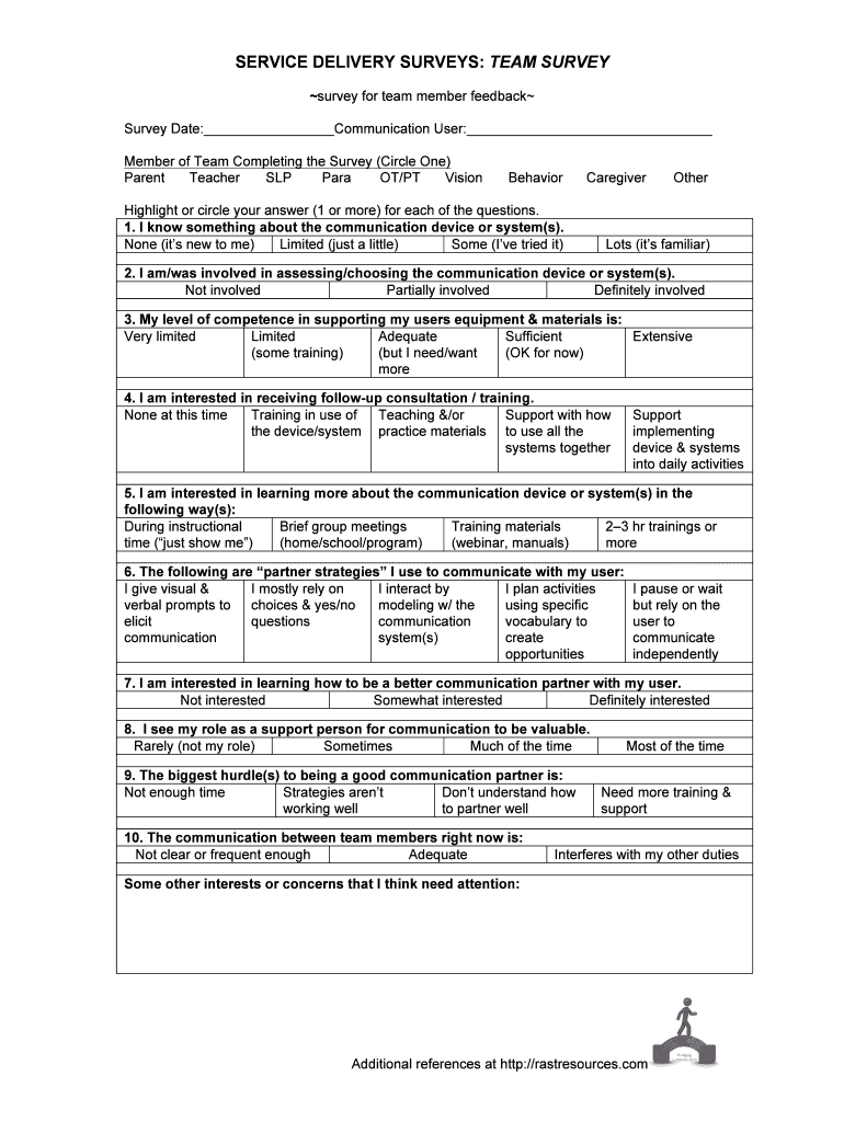 Fillable Online SERVICE DELIVERY SURVEYS: TEAM SURVEY Fax Email Print ...