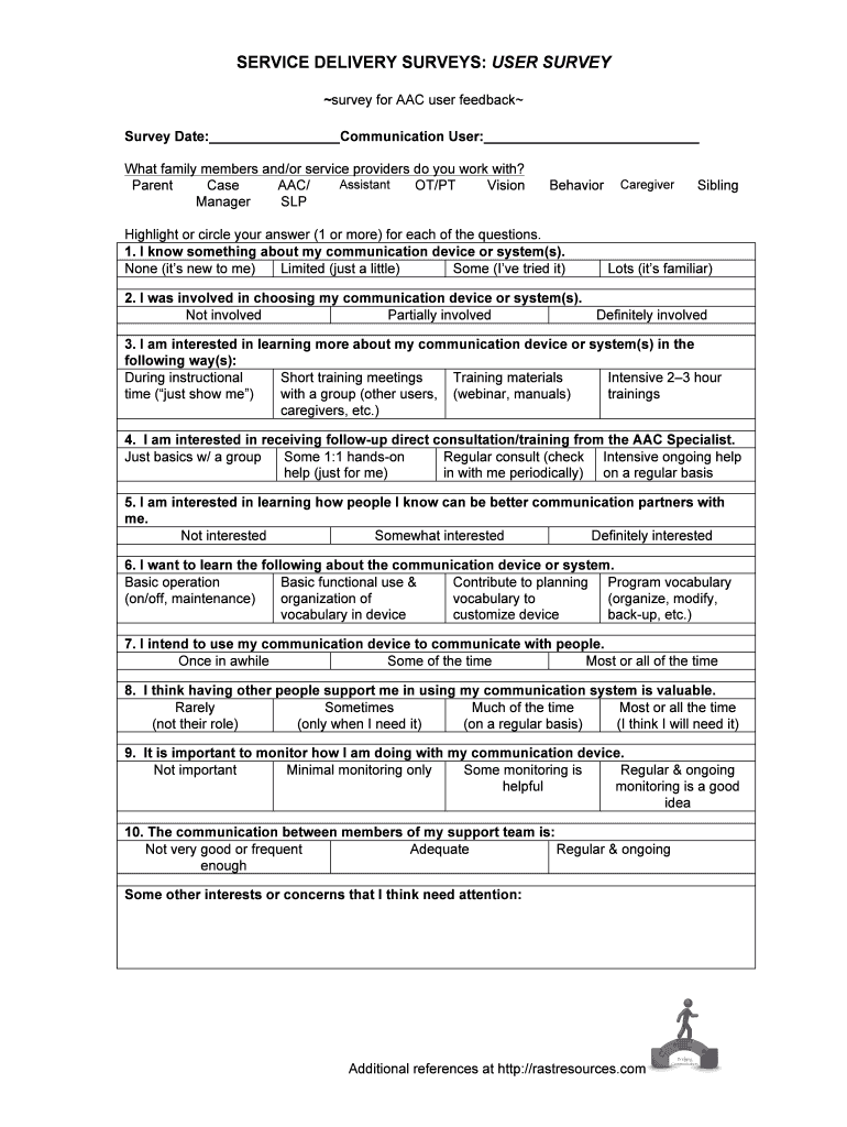 Fillable Online SERVICE DELIVERY SURVEYS: USER SURVEY Fax Email Print ...