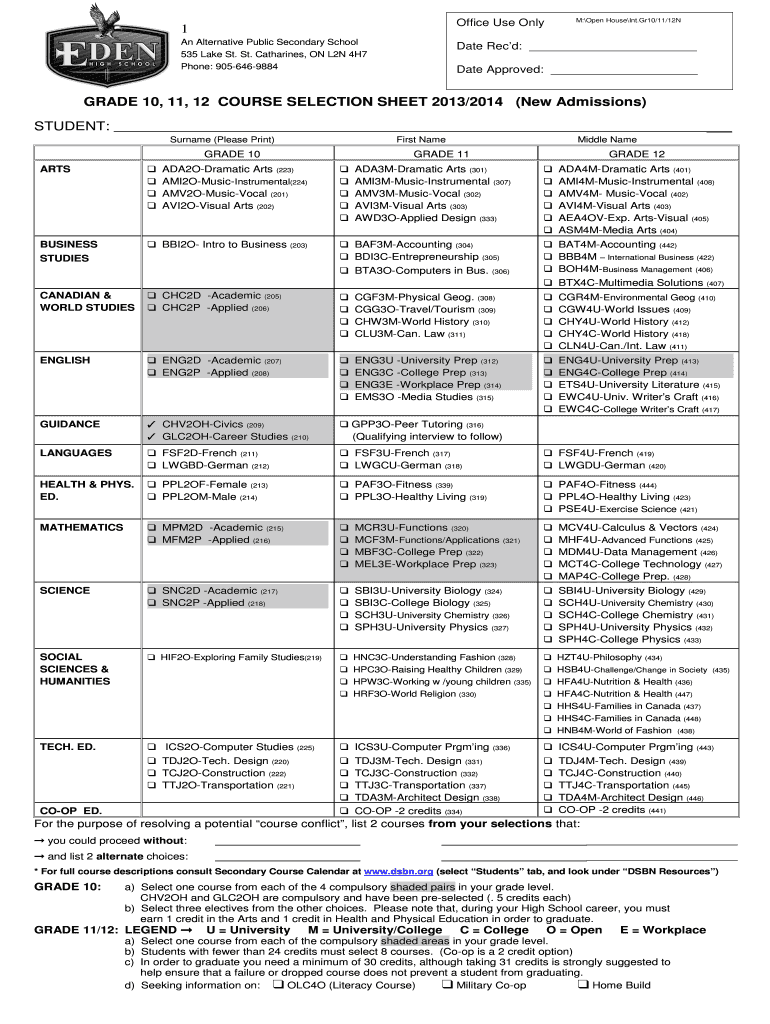 Fillable Online GRADE 10 11 12 COURSE SELECTION SHEET 20132014 New Fax ...