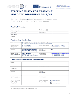 Fillable Online STAFF MOBILITY FOR TRAINING1 MOBILITY AGREEMENT 2015/16 ...