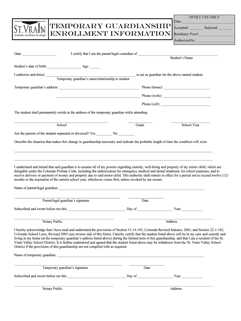 Fillable Online OFFICE USE ONLY TEMPORARY GUARDIANSHIP ENROLLMENT Fax Email Print - pdfFiller