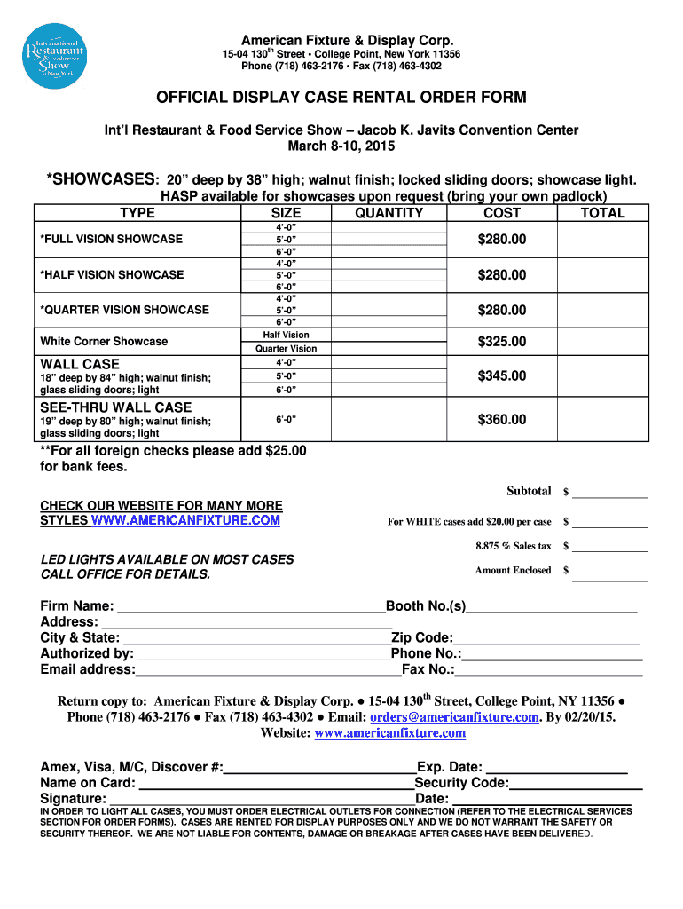 Fillable Online OFFICIAL DISPLAY CASE RENTAL ORDER FORM Fax Email Print ...