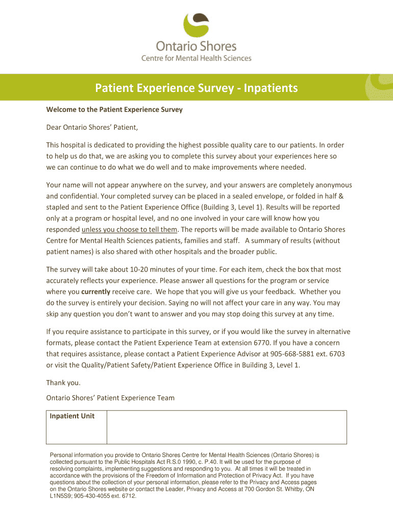 Fillable Online Patient Experience Survey - Inpatients Fax Email Print ...