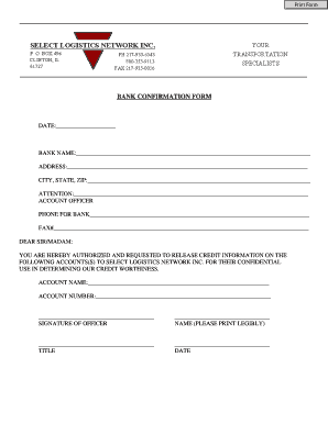 Fillable Online BANK CONFIRMATION FORM - Select Logistics Network Inc ...